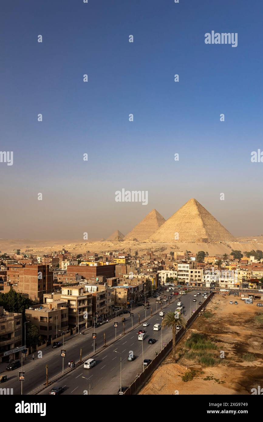 The great pyramids of Giza, early morning, view of morning glow from a ...