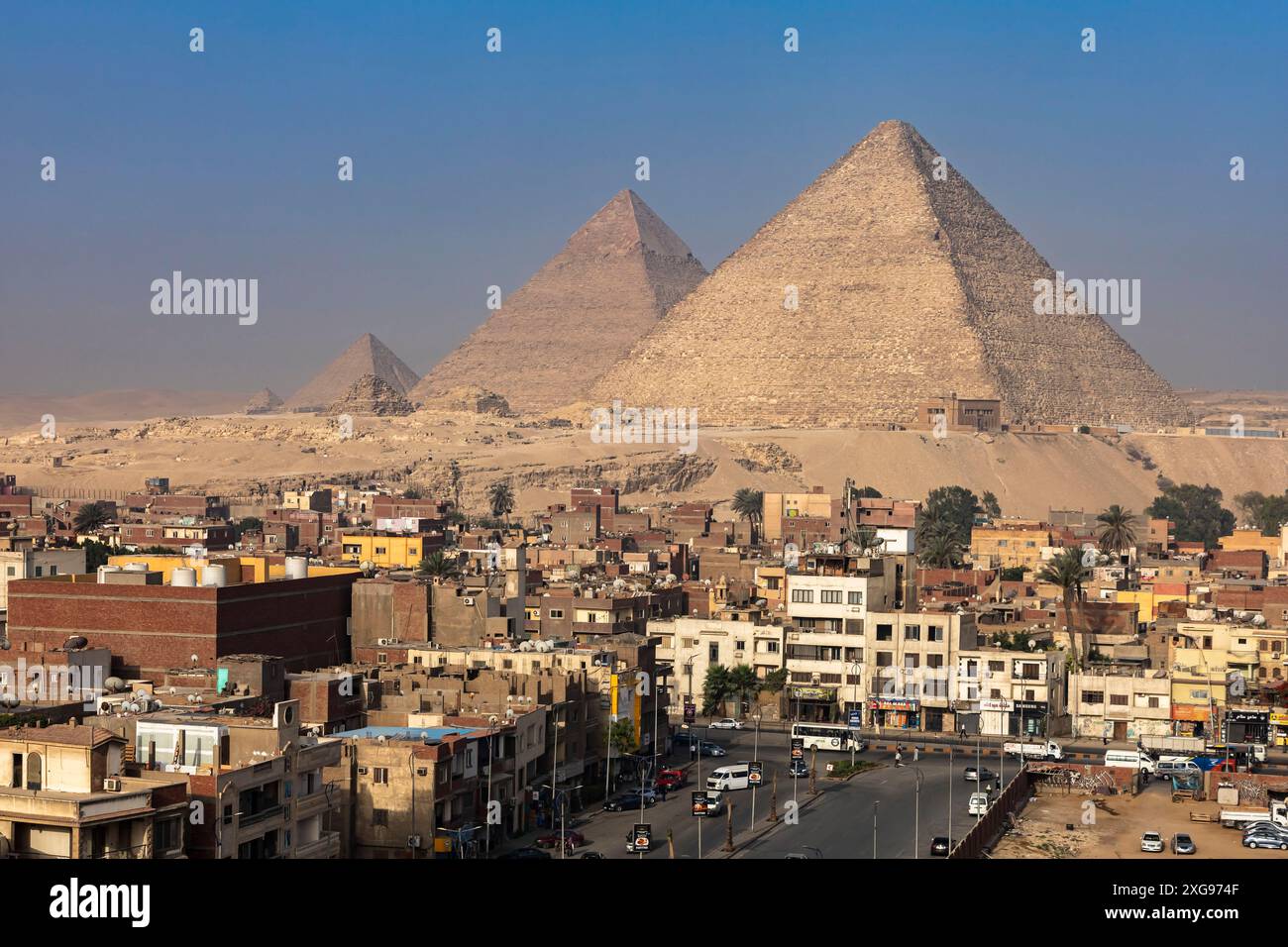 The great pyramids of Giza, early morning, view of morning glow from a ...