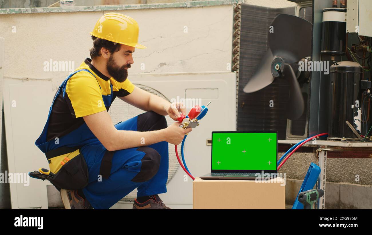 Certified technician hired by home owner to detect cause of damage to air conditioner, checking ...