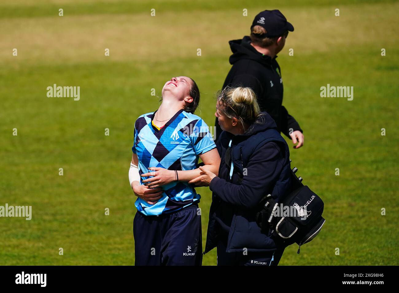 Cheltenham, UK, 7 July 2024. Northern Diamonds' Rachel Slater is helped ...
