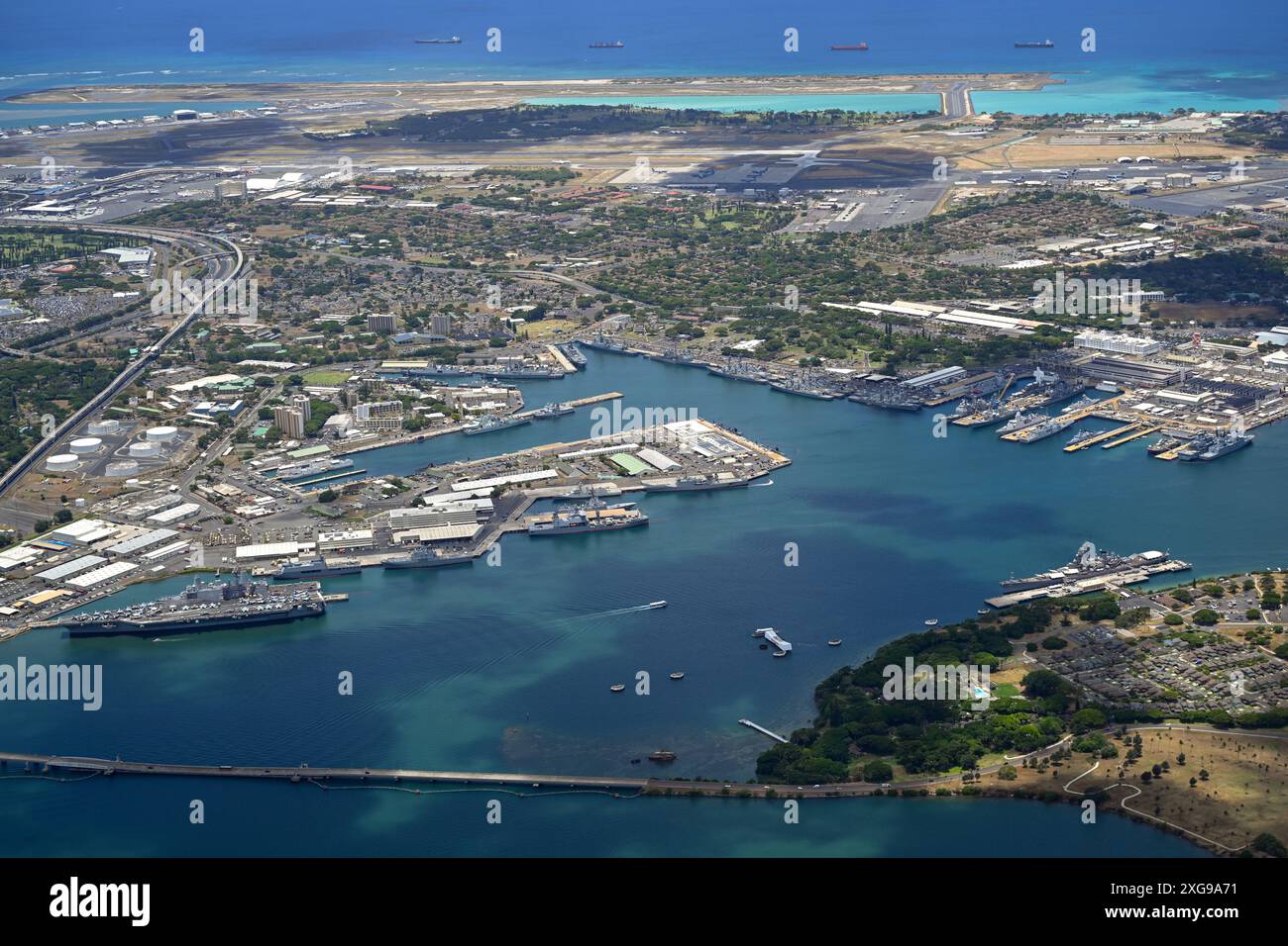An aerial view of ships moored at Joint Base Pearl Harbor-Hickam and ...