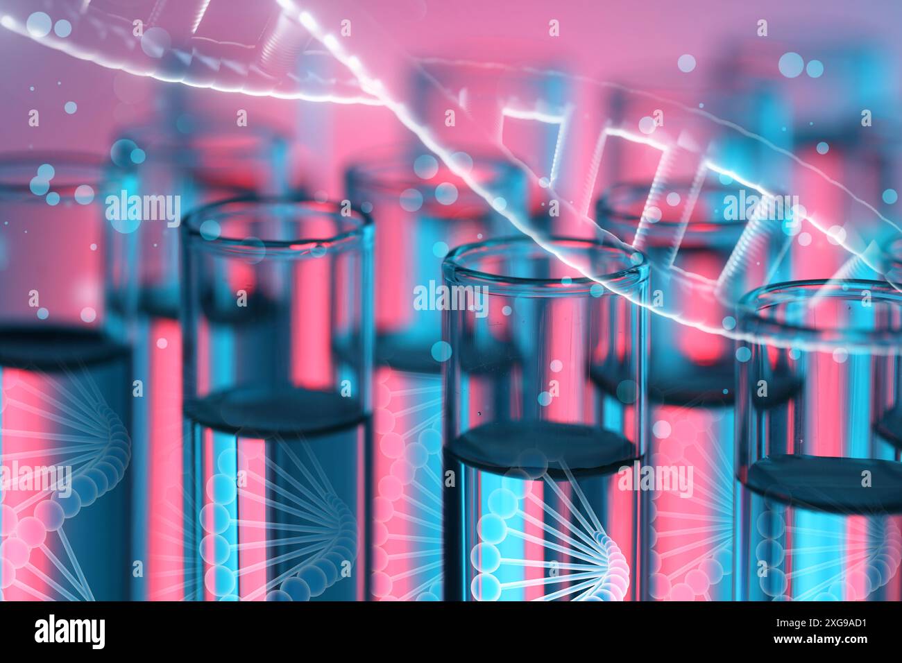 Illustrations of DNA and test tubes with samples, double exposure Stock ...