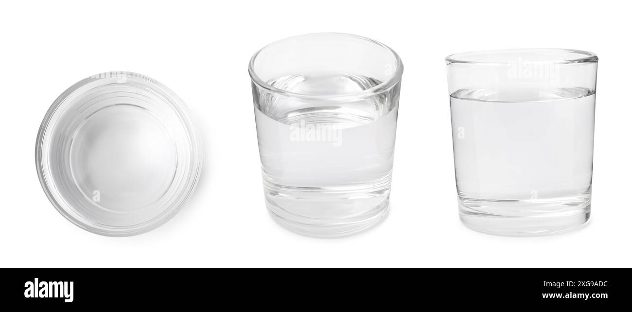Vinegar in glass isolated on white, collage. Top and side views Stock ...