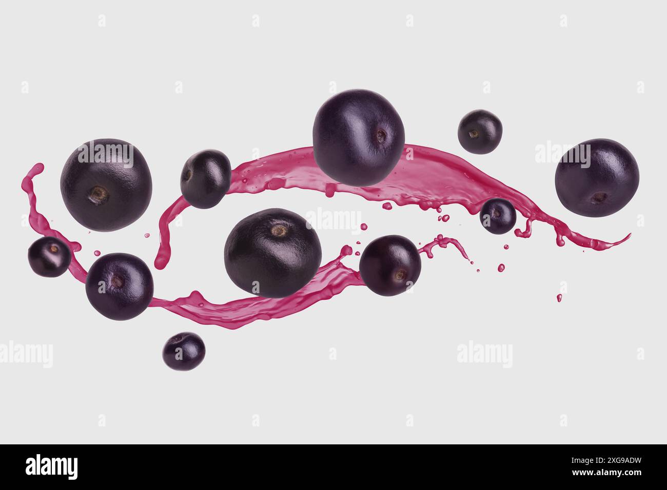Acai berries and splash of juice in air on light grey background Stock ...