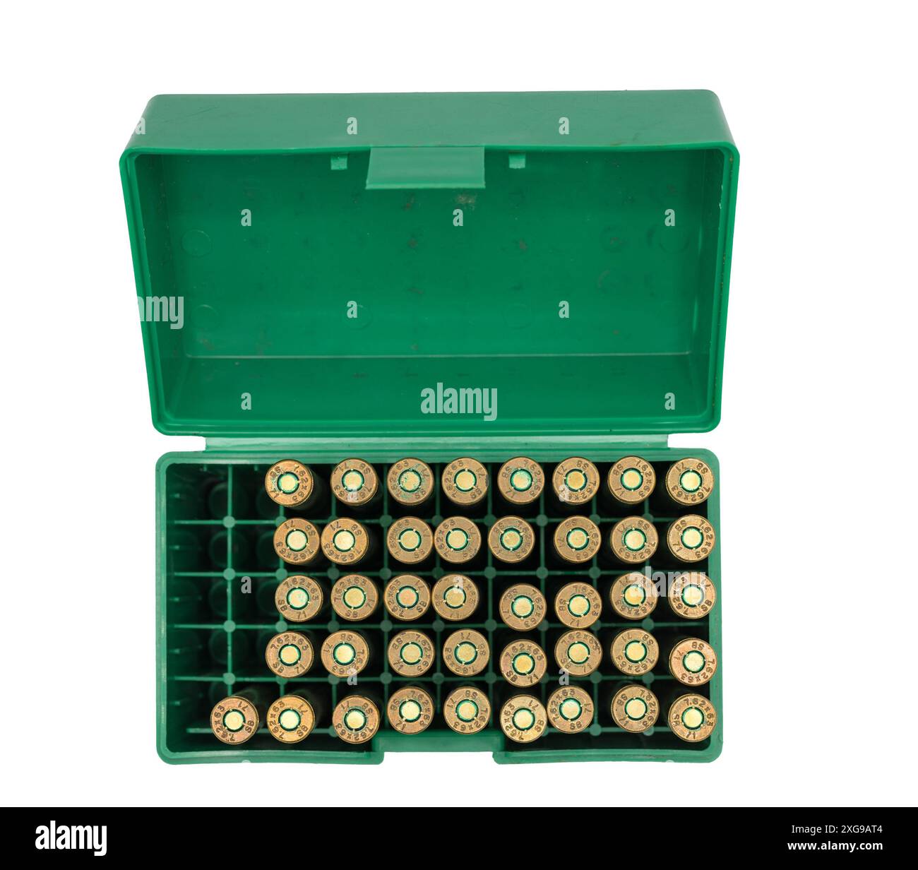 Top view of an open green plastic box with military rifle bullets ...