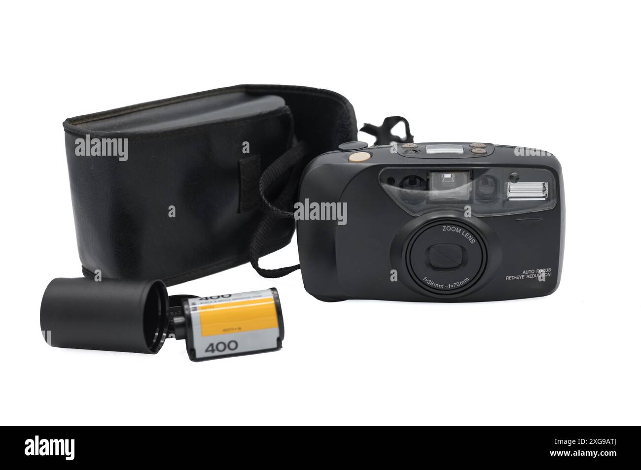 old compact camera with its black case on a white background. It is the ...