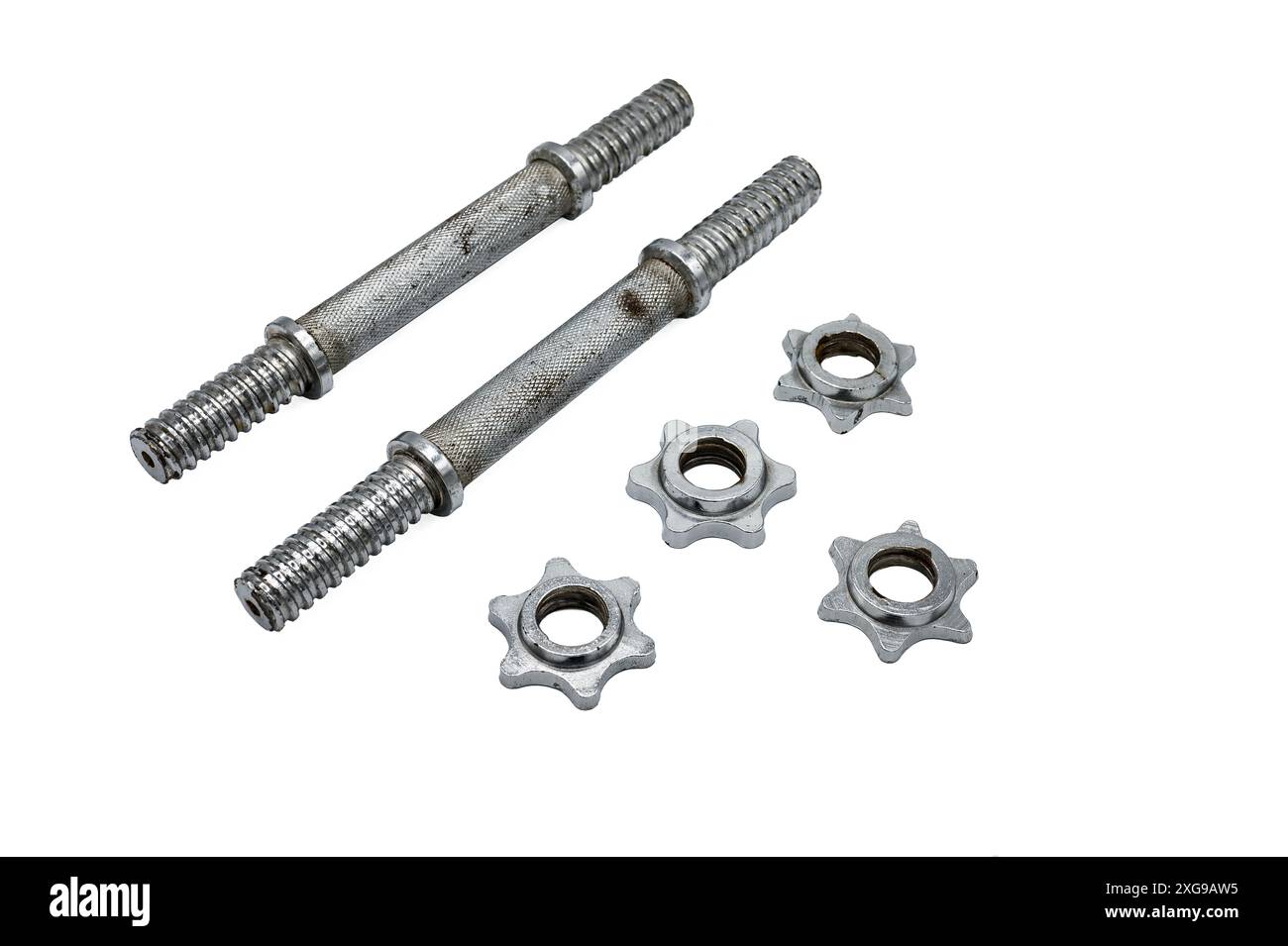 Top view of a set of two screw type dumbbell bars on white background ...