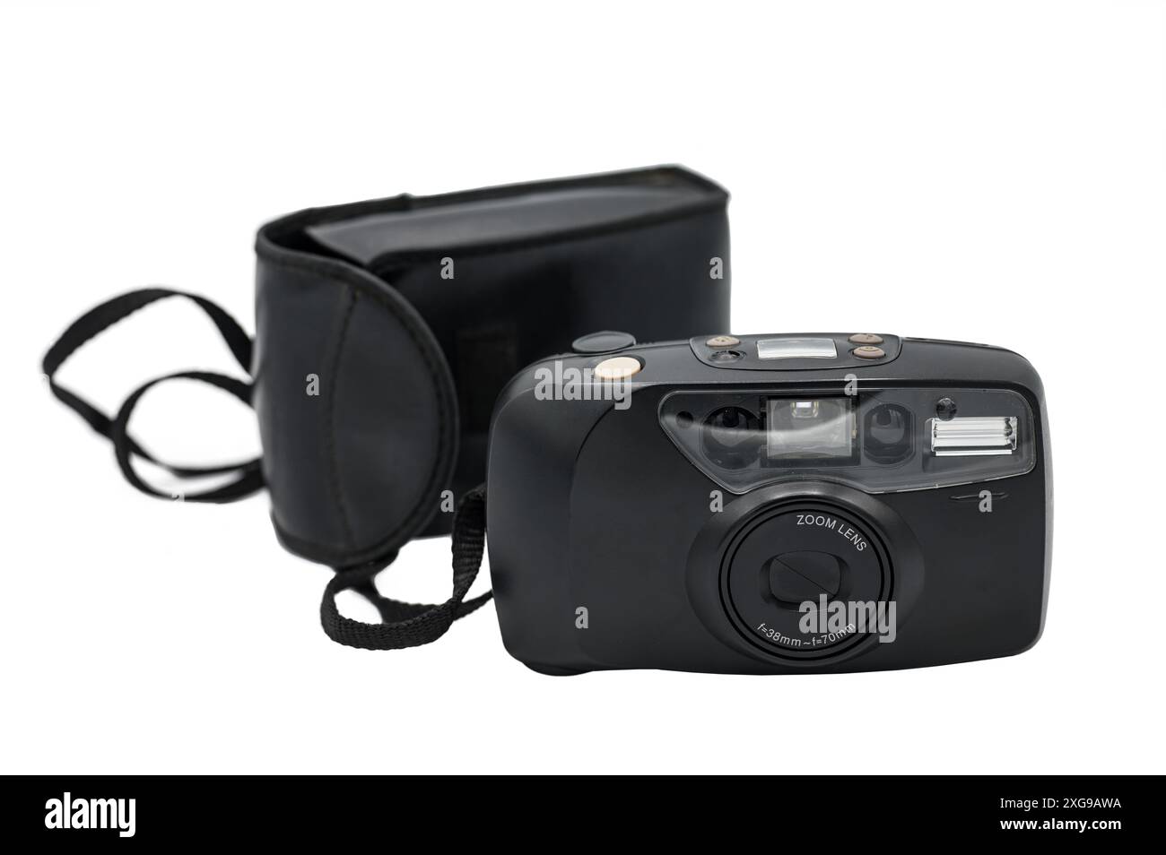 Old compact camera with its black case on a white background. It is the ...