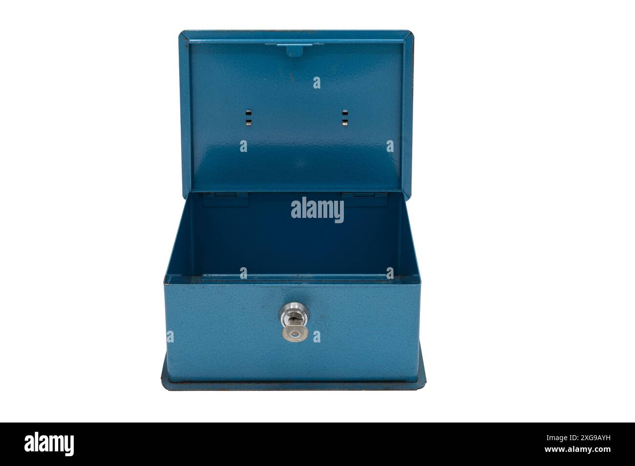 Detail of an old metal box with an open lock on a white background ...