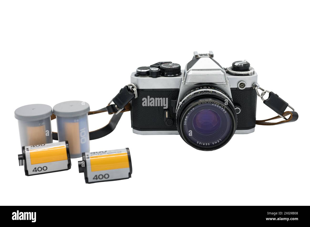 Detail of a beautiful classic professional reflex camera. It is an SLR ...