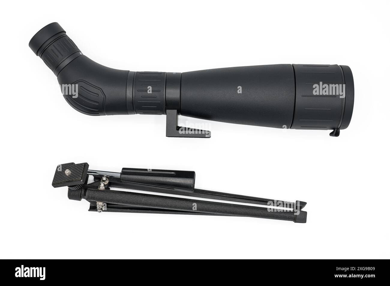 Detail of telescope and tripod kit on white background, used to view ...