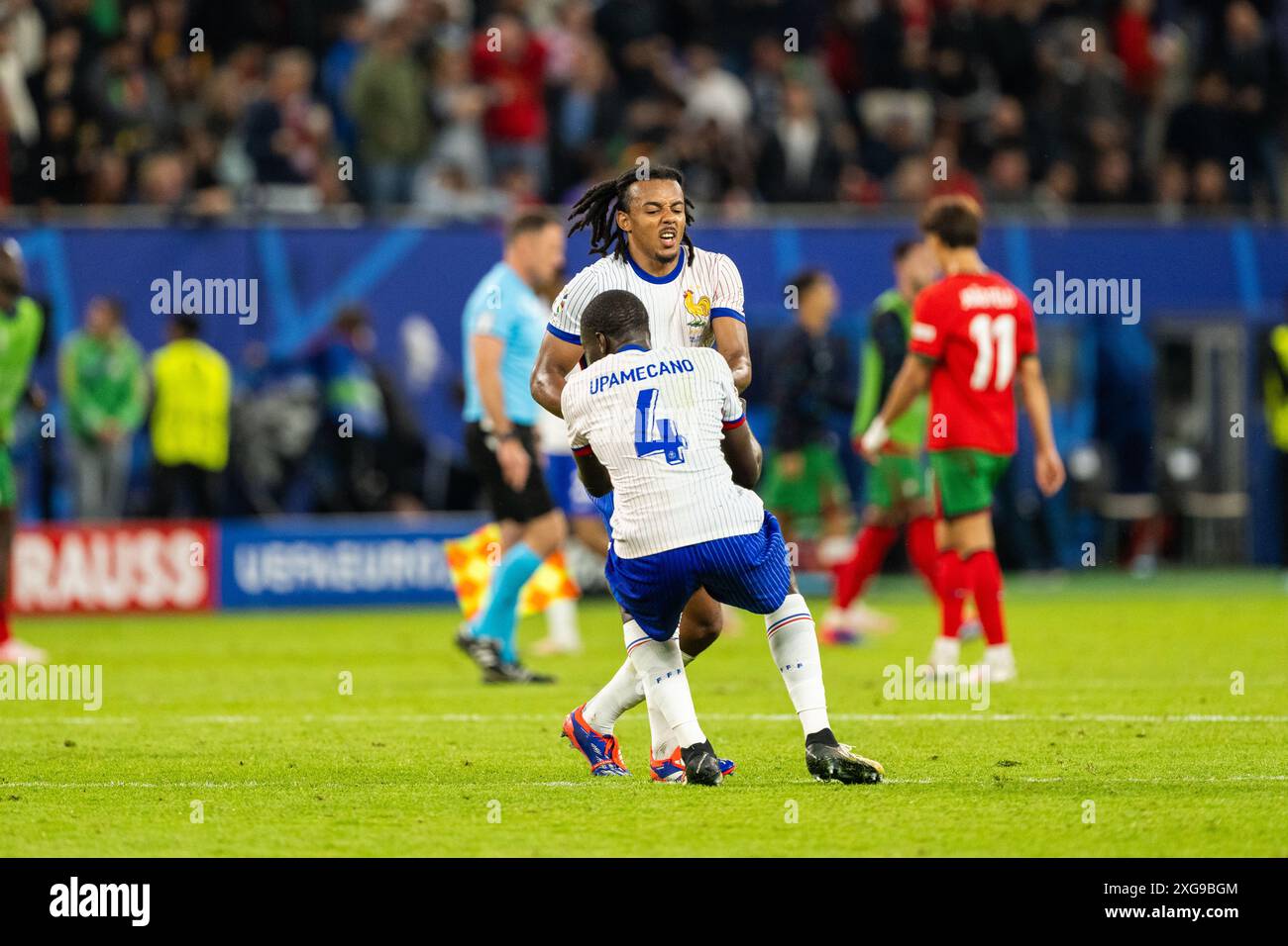 Hamburg, Germany. 05th, July 2024. Dayot Upamecano (4) and Jules Kounde ...
