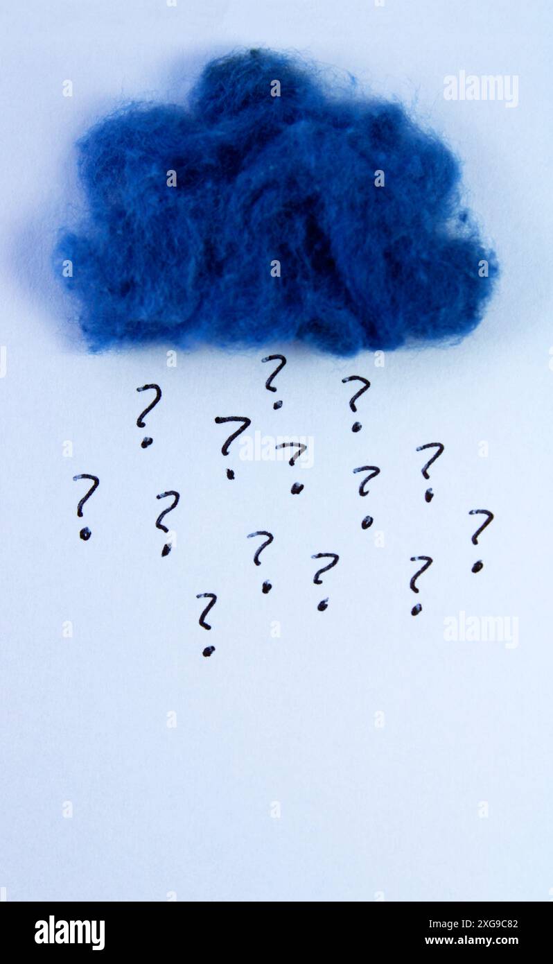 Rain of question marks falling from black cloud representing a storm or ...