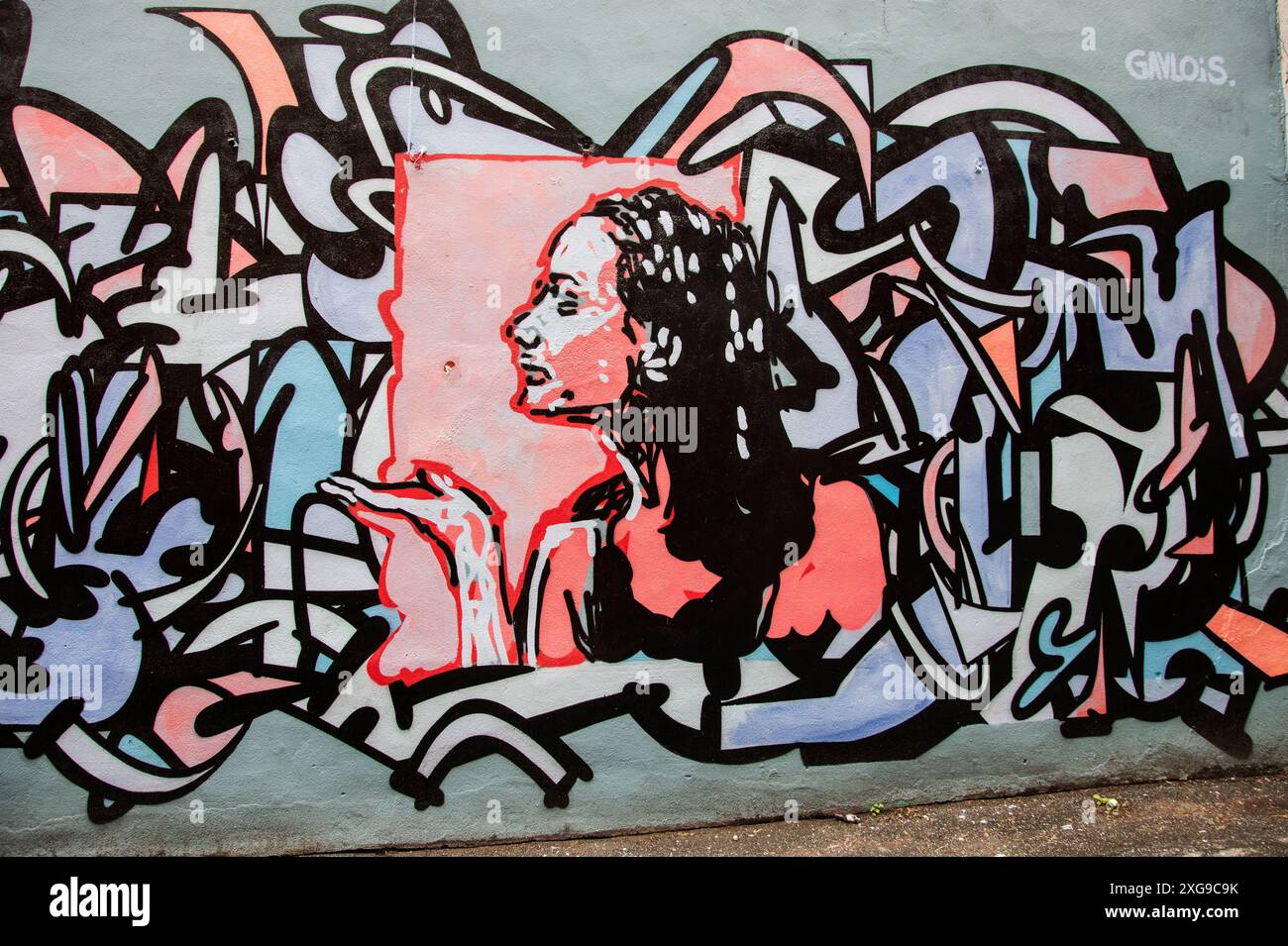 Profile of a young woman mural in an alley near Saint-Laurent Boulevard ...