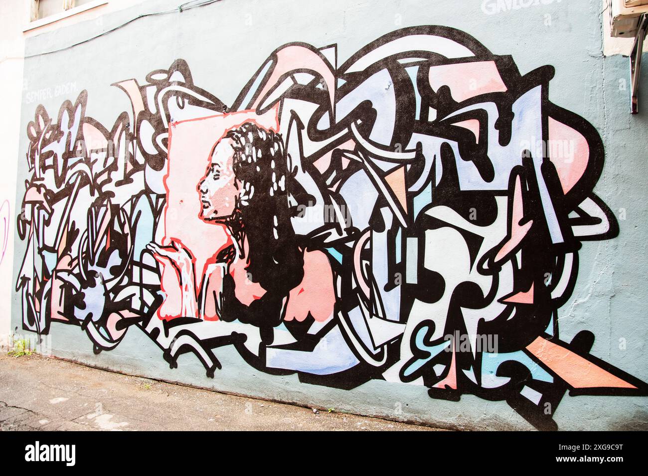 Profile of a young woman mural in an alley near Saint-Laurent Boulevard ...