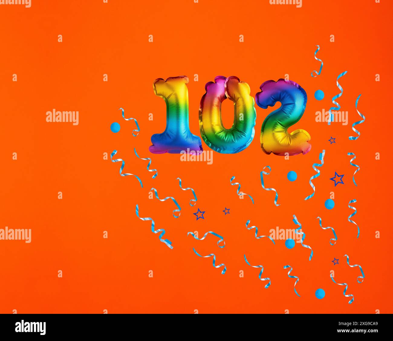 Multicolor balloon number 102 - Confetti explosion on orange background ...