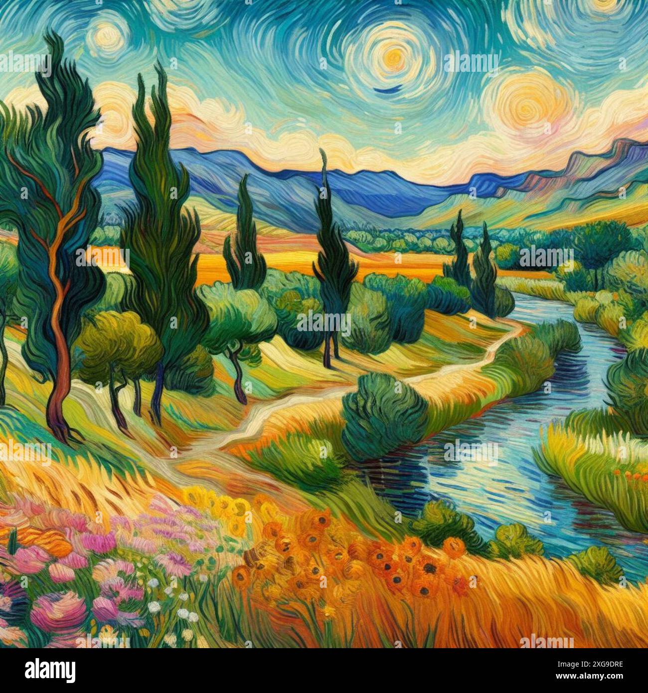 Surrealist landscape Trees and river Stock Photo - Alamy
