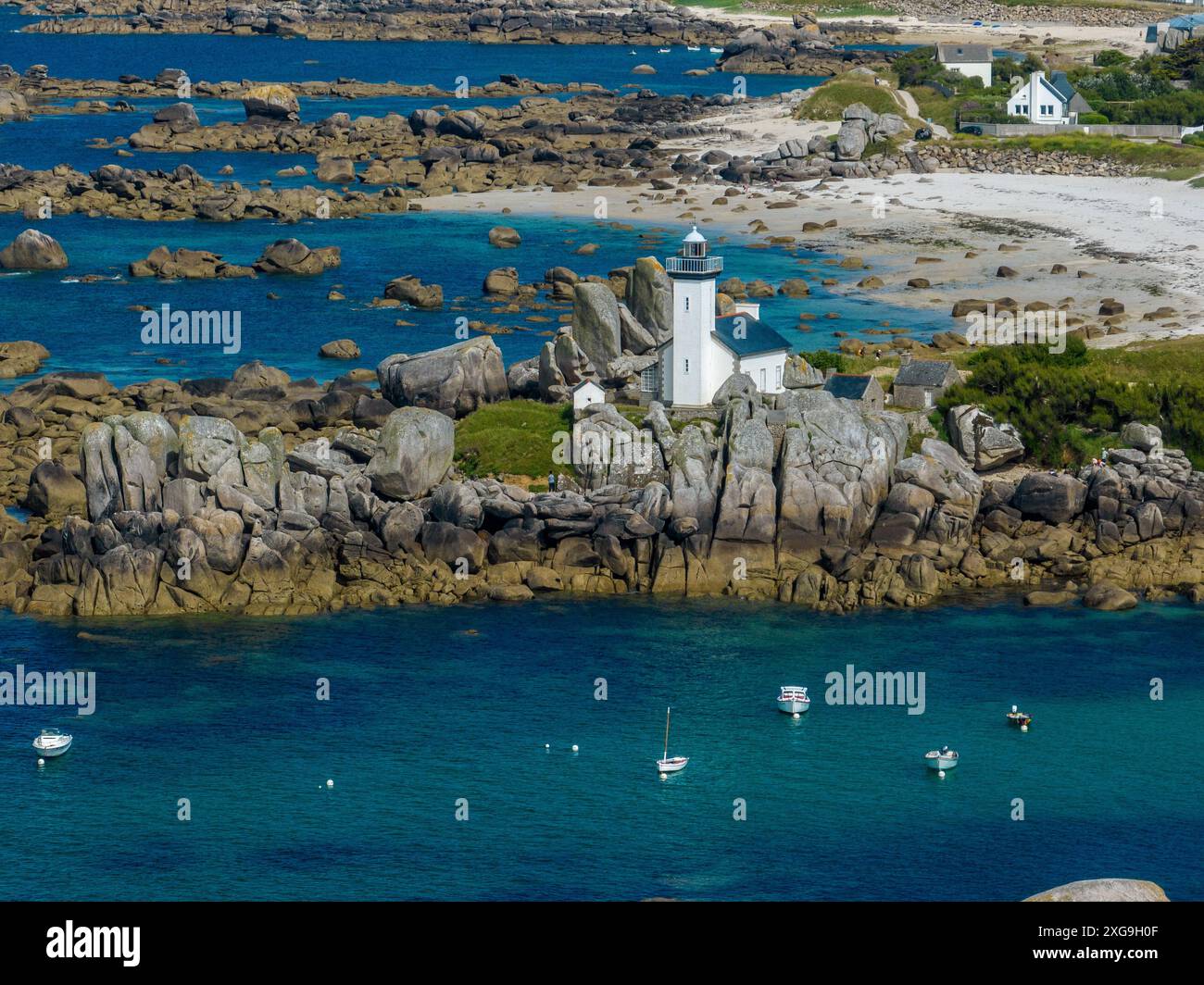 Aerial view of Pontusval Lighthouse and the beaches. Plounéour ...