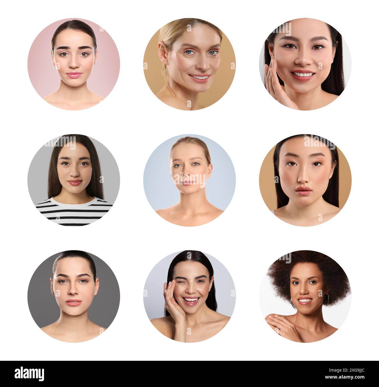 Many beautiful women of different races and ages. Collage of portraits ...