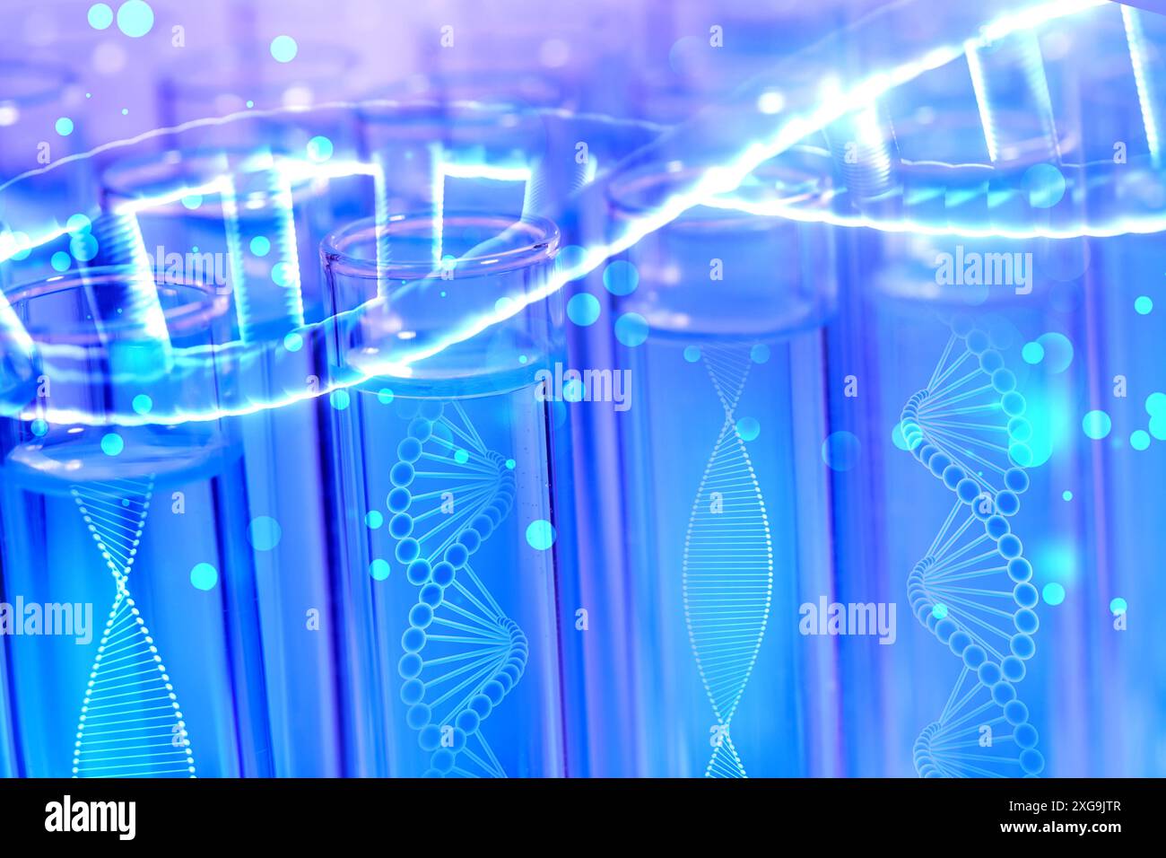 Illustrations of DNA and test tubes with samples, double exposure Stock ...