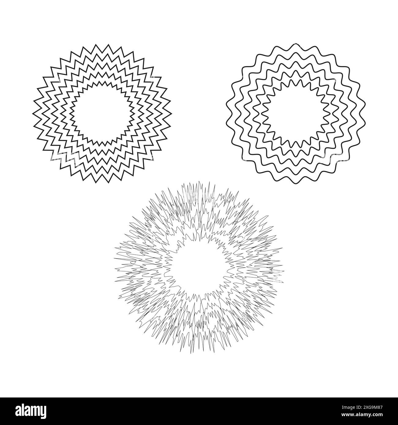 Geometric wave patterns. Abstract sunburst shapes. Black outlines vector. Simple radial designs ...