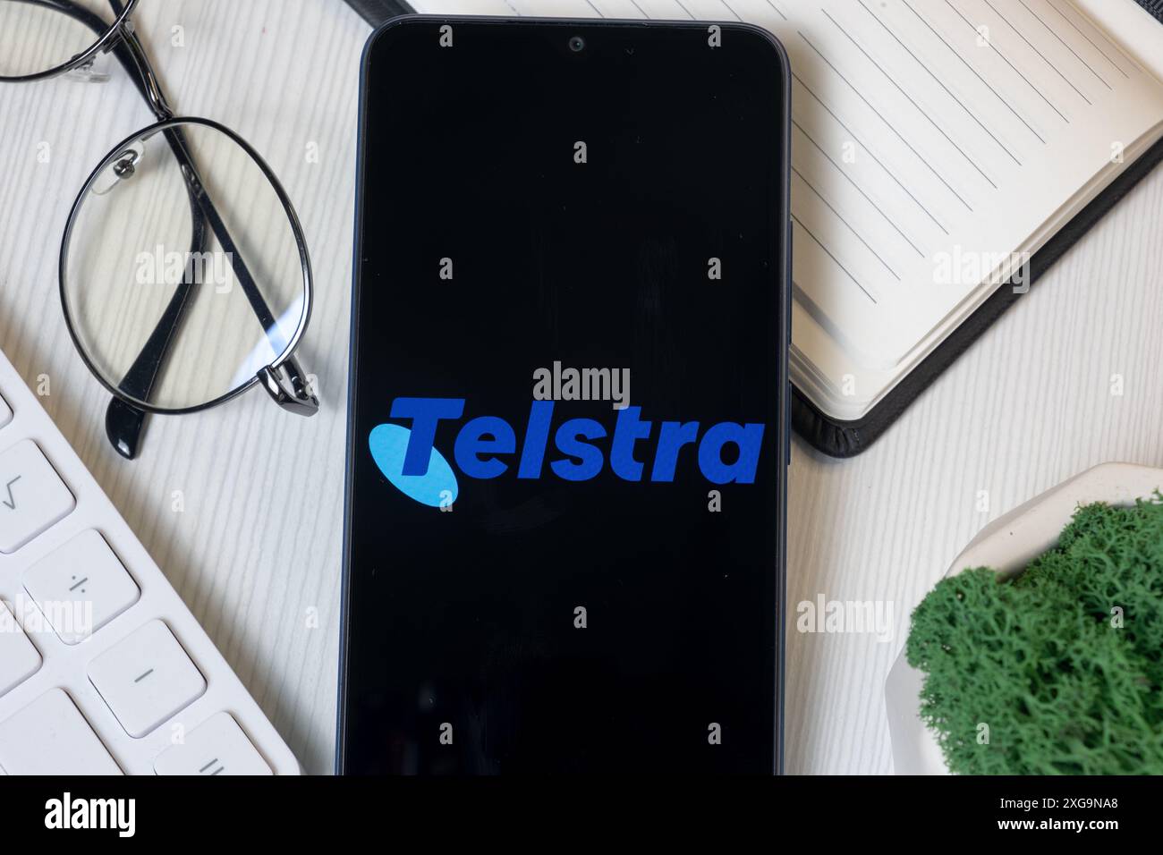 New York, USA - 1 June 2024: Telstra Logo on Phone Screen, Company Icon ...