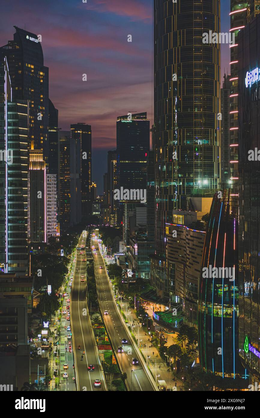 Jakarta, Indonesia - May 12th, 2024. This night time image of Jakarta highlights the city’s ...