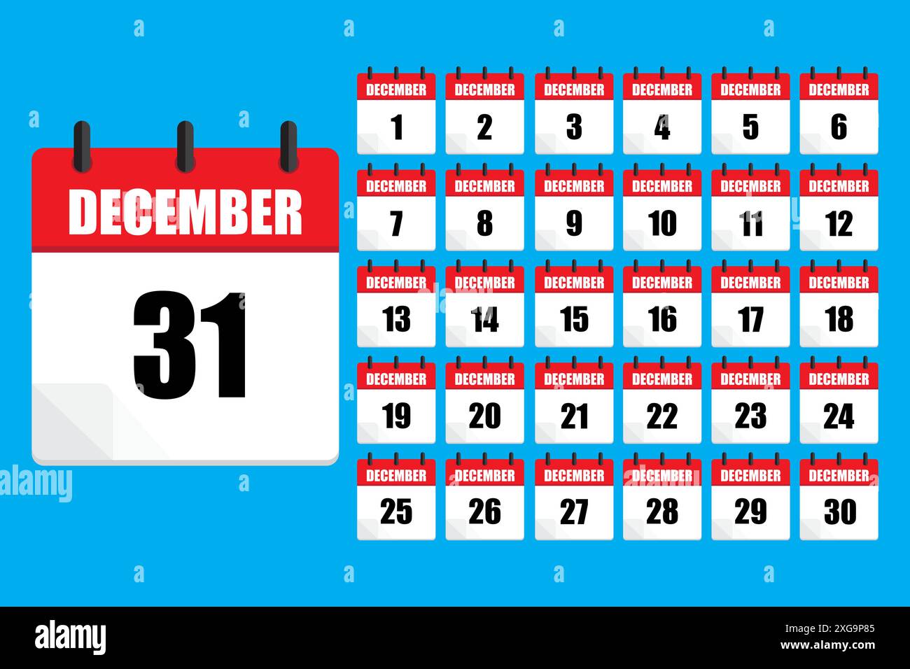 December calendar icons. Date 31 vector. Full month display. Red and ...