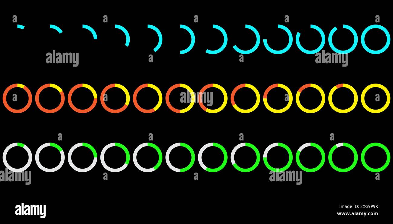 Colorful loading icons. Progress circle set. Various colors shown ...