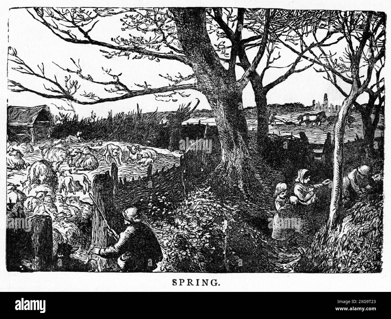Engraving of English peasants at work on a farm in the spring ...