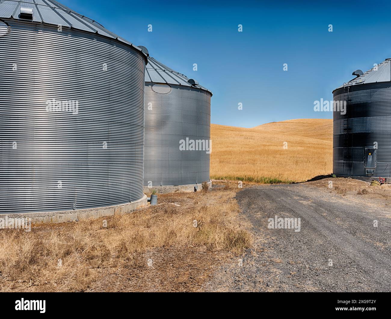 A gravel road winds between grain silos to lead to the wheat fields ...