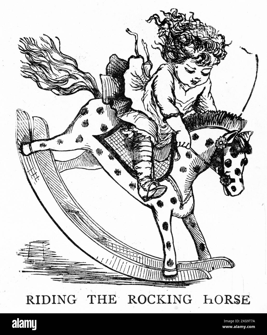 Engraving of a child riding its rocking horse, circa 1880 Stock Photo ...