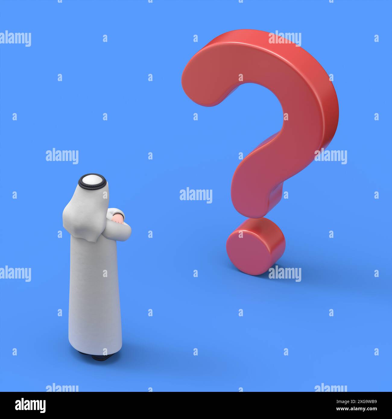 3D illustration of smiling Arab man Hadi faces a big red question mark ...