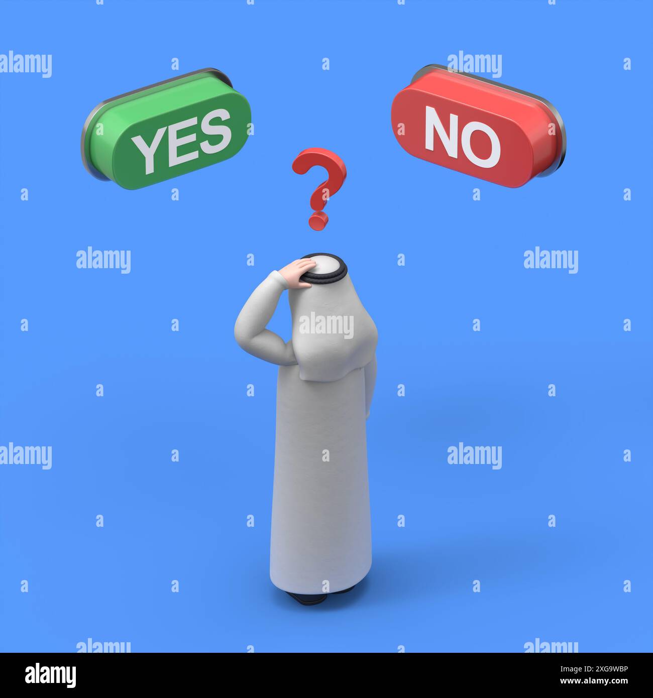 3D illustration of smiling Arab man Hadi is in a pensive state in front ...