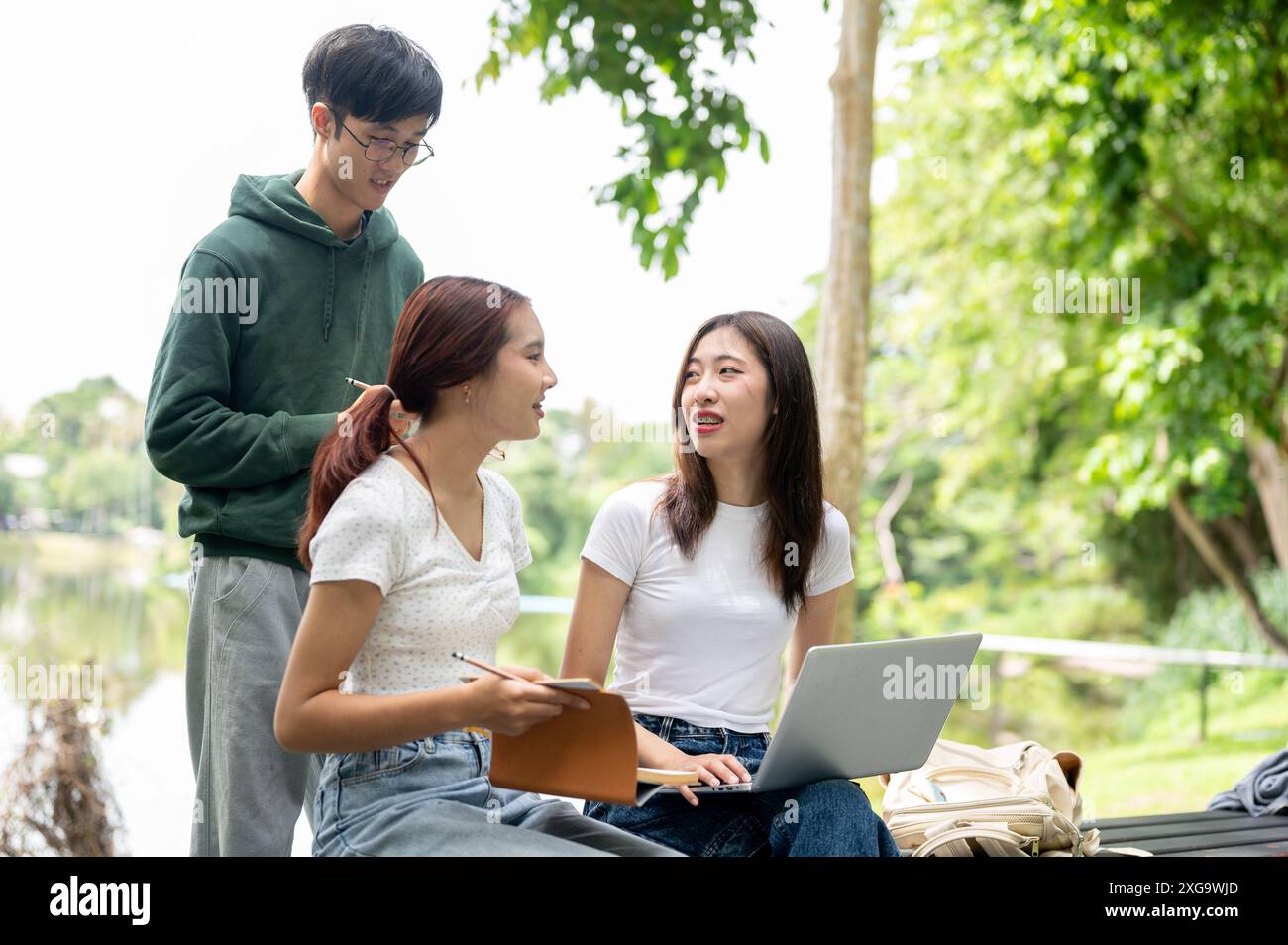 A group of happy young Asian college students is discussing their ...