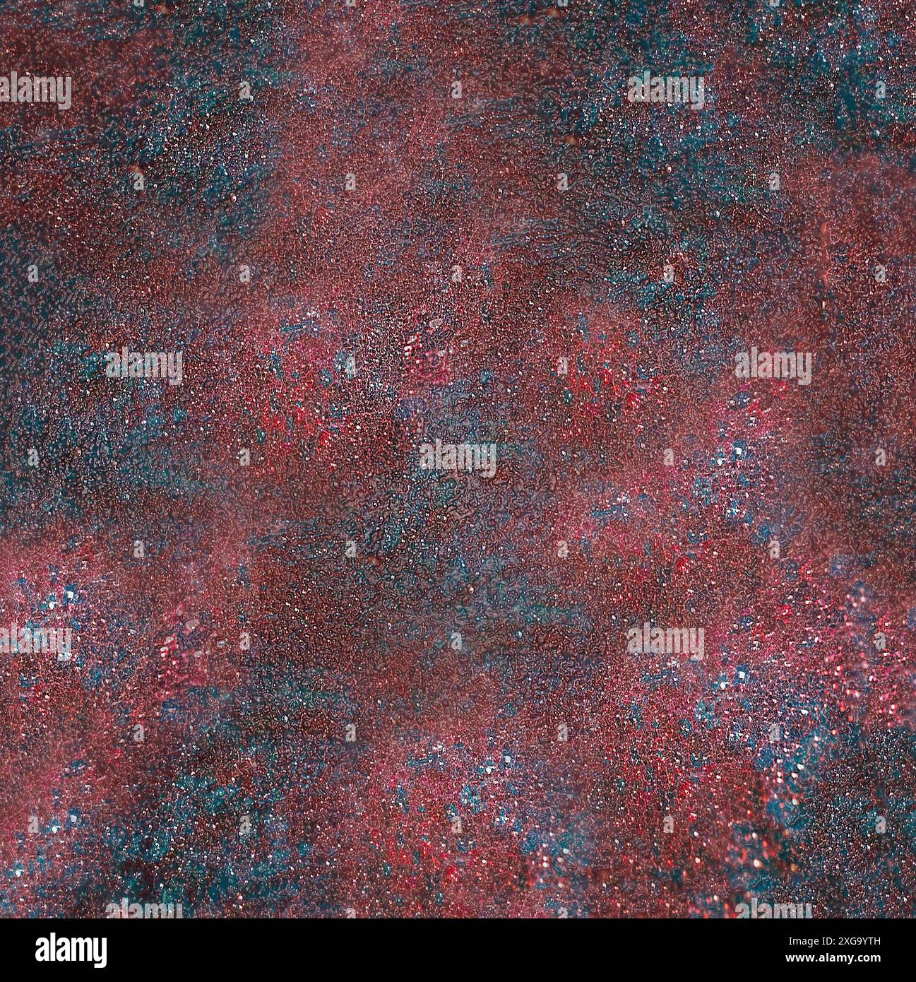 Abstract art piece with a speckled texture predominantly in red and ...