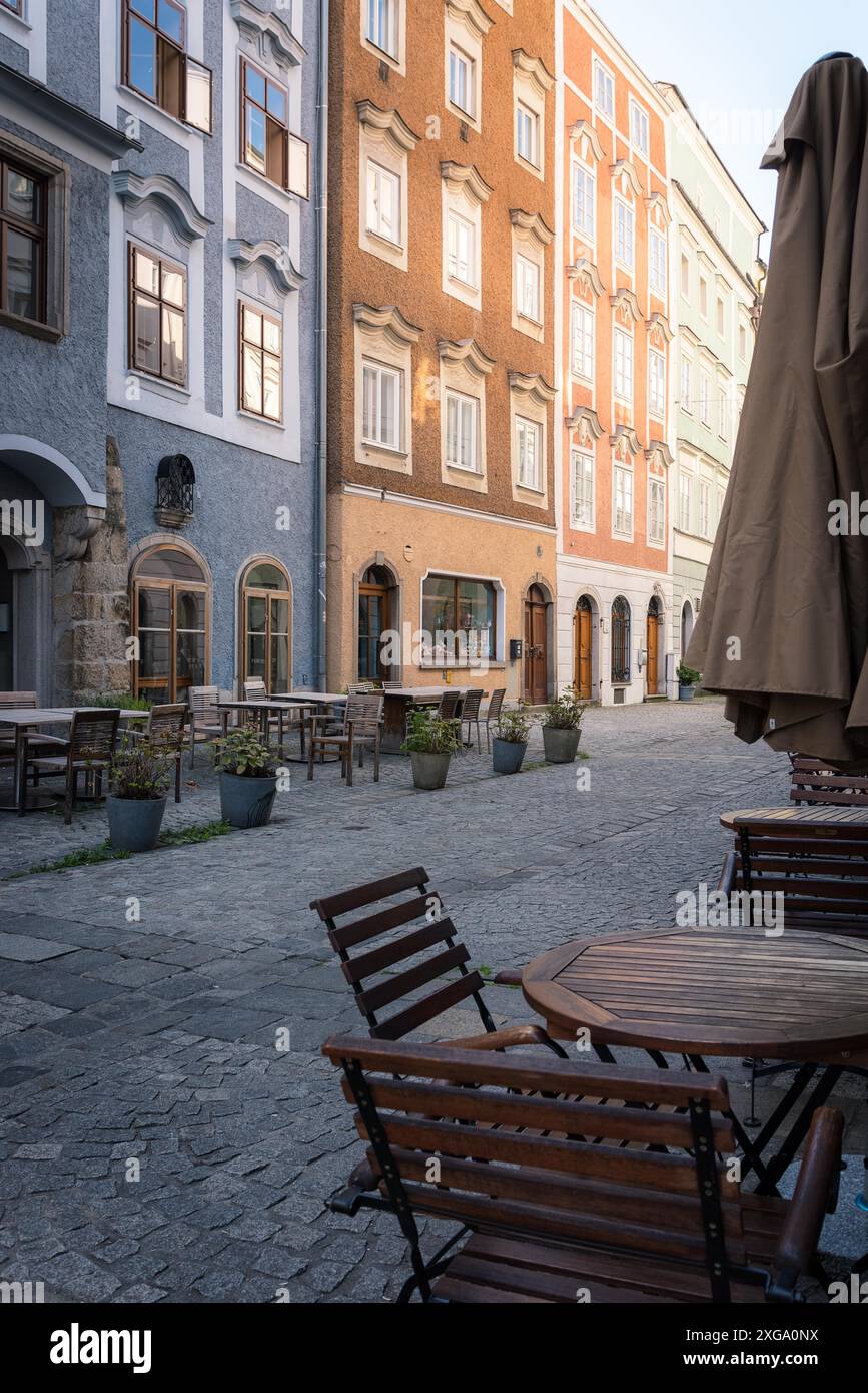 Linz, Austria: Street view with colorful historical buildings in the ...