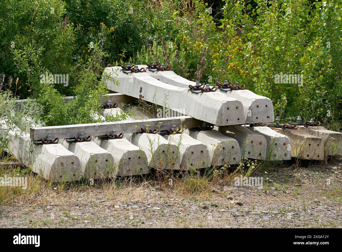 New type B 70 concrete railway sleepers at the storage yard of a ...