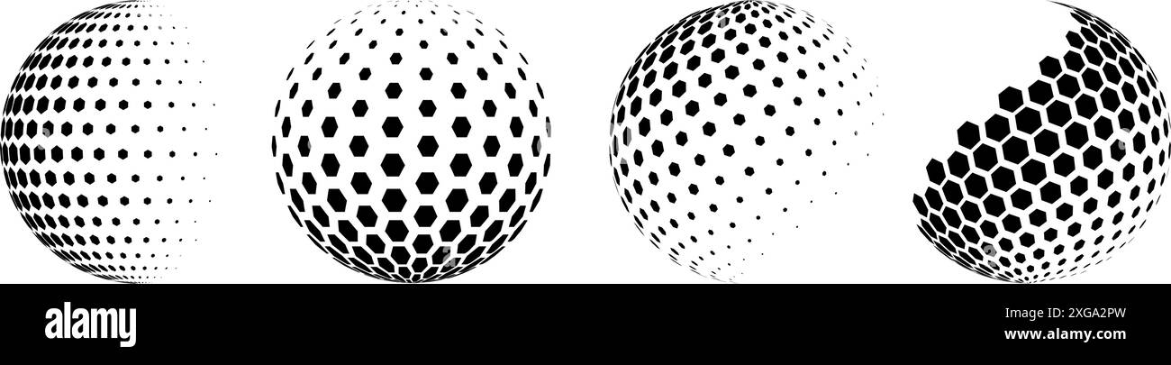 Fading halftone pattern sphere set. Hexagon wireframe 3d circle ...