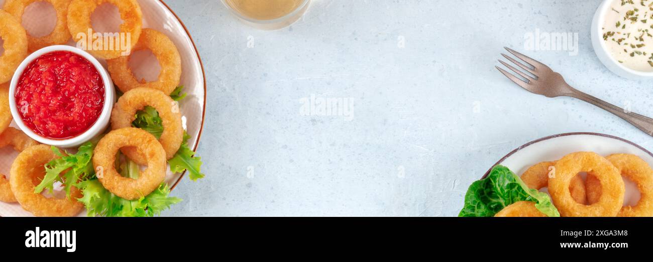 Calamari rings panorama. Squid rings banner with a place for text, a ...