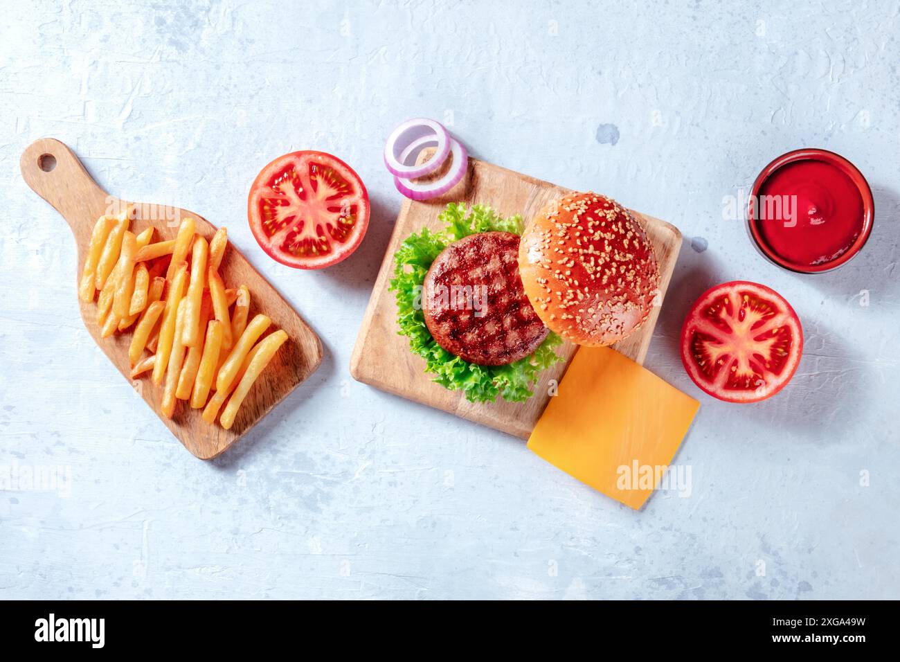 Burger ingredients, overhead flat lay shot. Hamburger patty steak ...