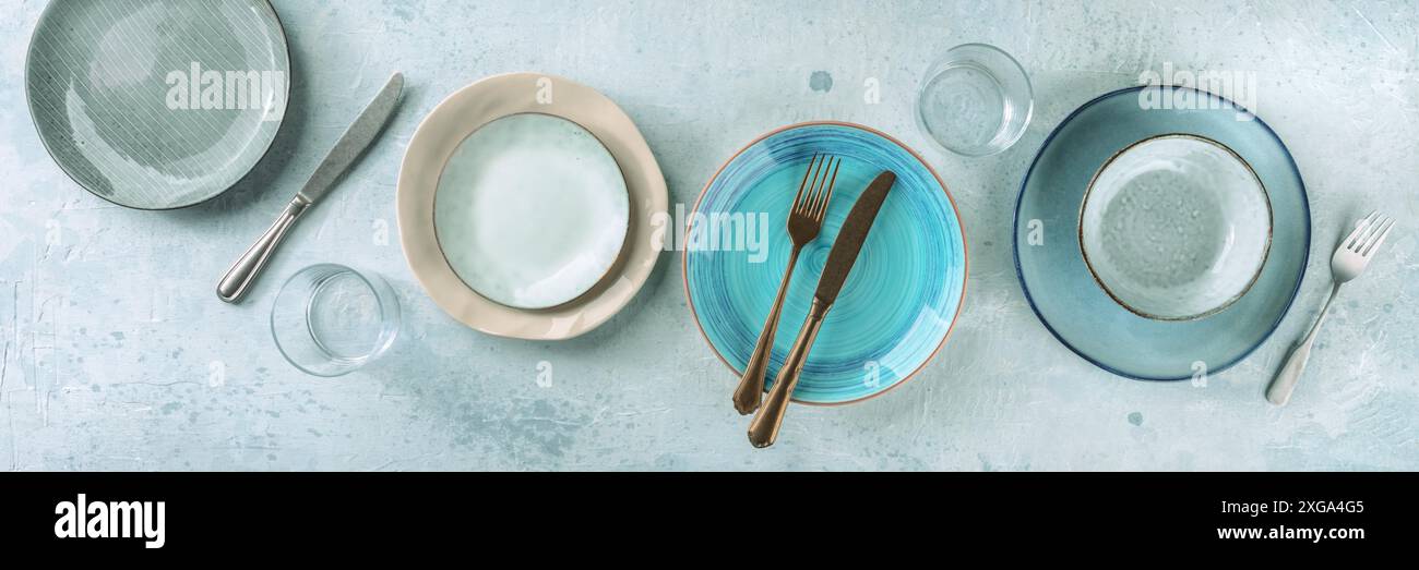 Modern tableware panorama, shot from the top. Dinnerware flat lay with ...
