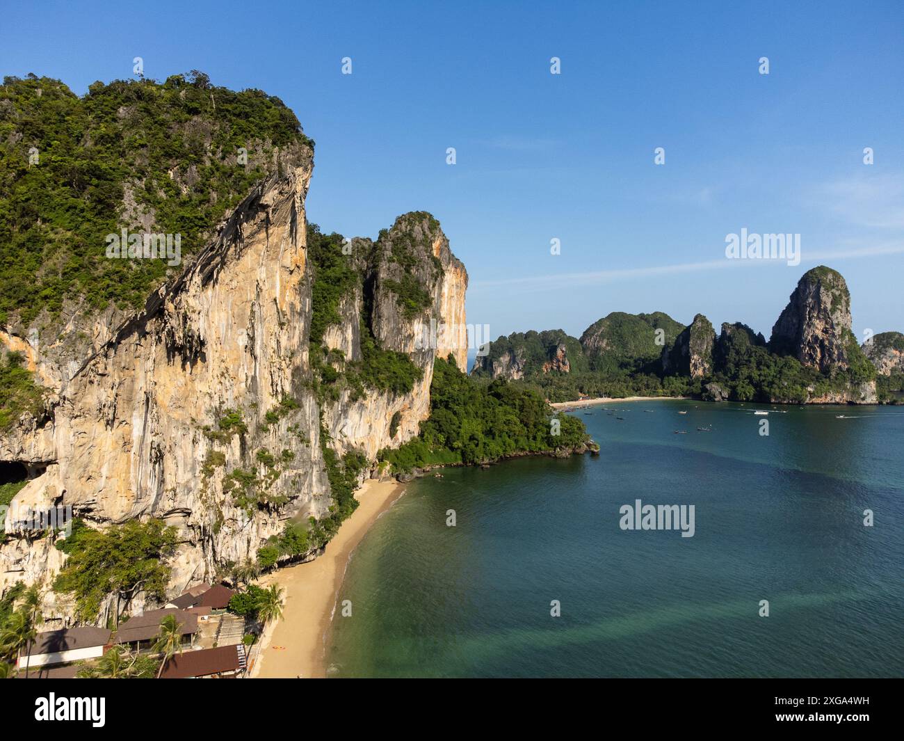 Railay beach, Thailand: Aerial view of the dramatic limestone landscape ...