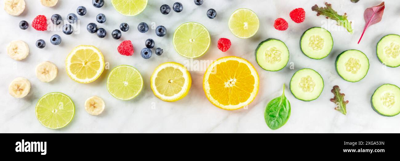 Fresh summer food panorama. Fruit and vegetable banner, shot from the ...