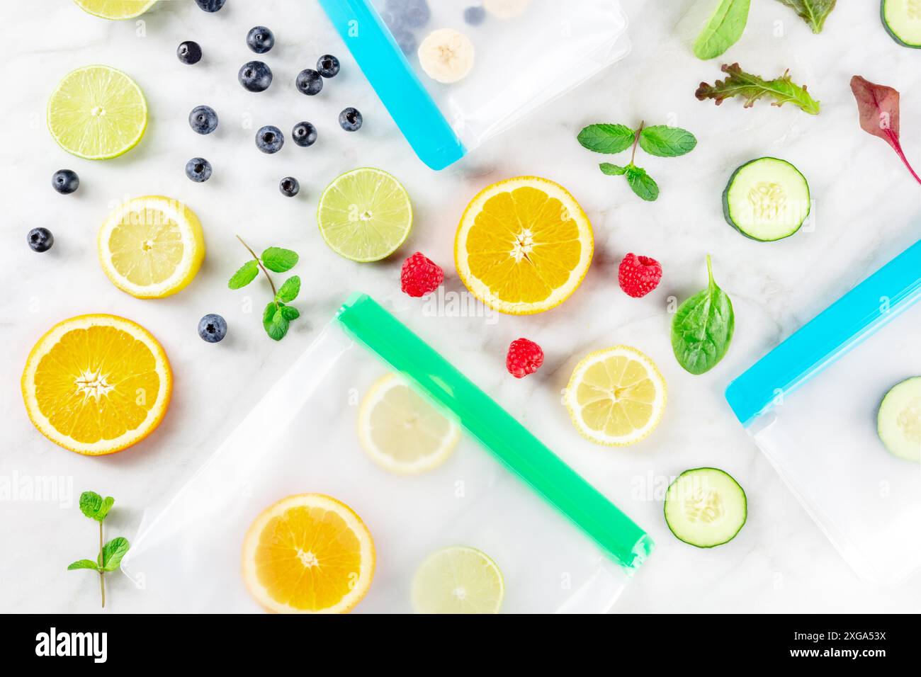 Food storage bags with fruit and vegetables, ready for freezing ...