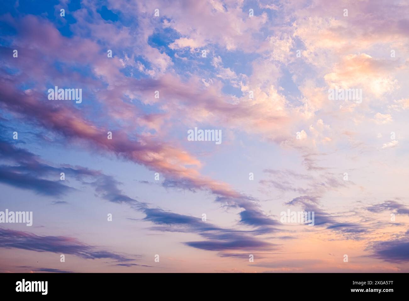 Panorama of sky. Orange blue and violet color sunset sky background ...