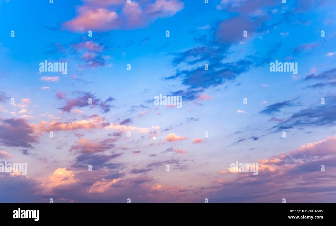 Panorama of sky. Orange blue and violet color sunset sky background ...