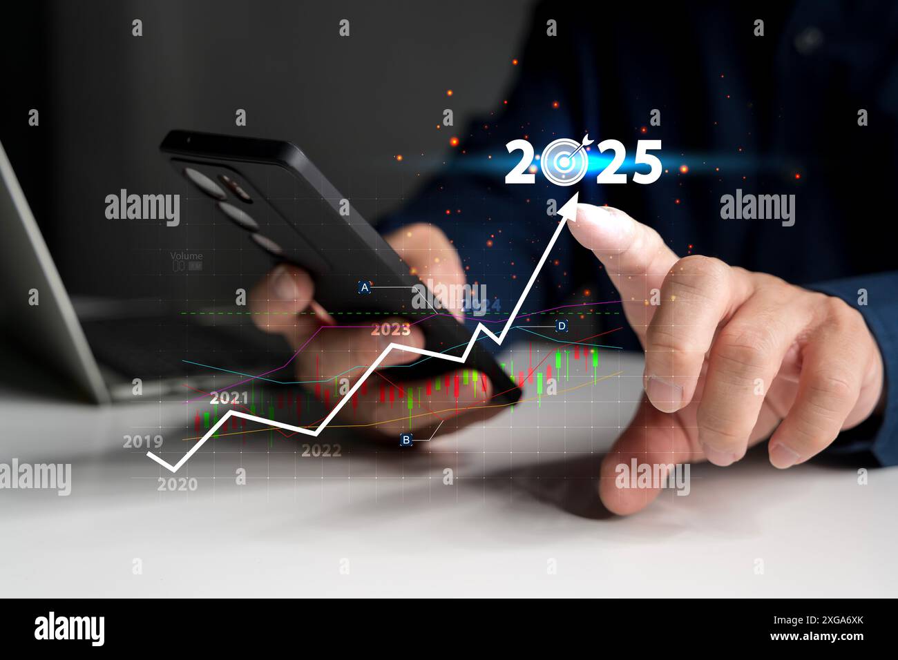 Businessman using smartphone pointing at increasing arrow graph, future ...