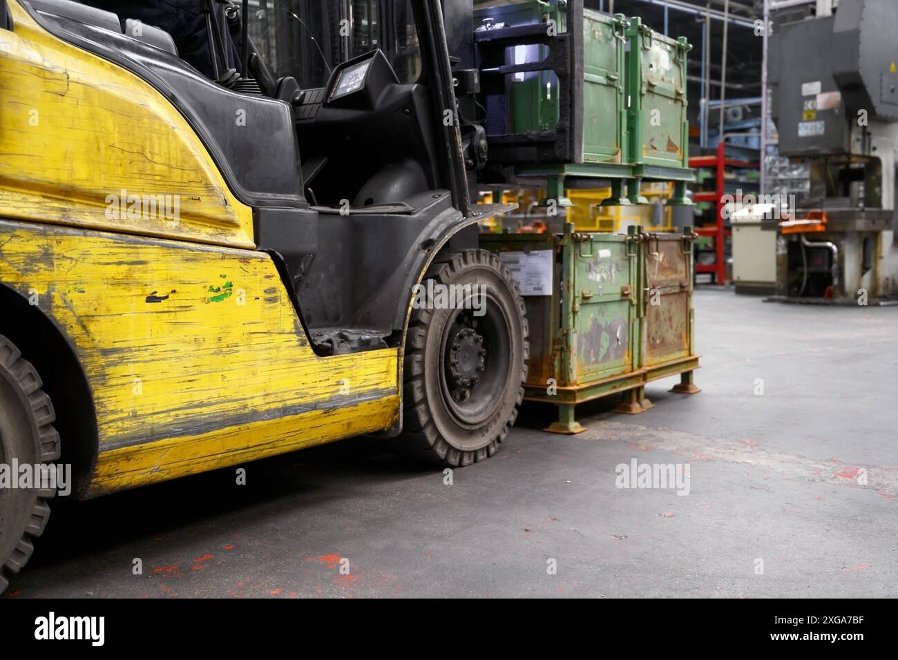 Forklift loader. Pallet stacker truck equipment at warehouse. High ...