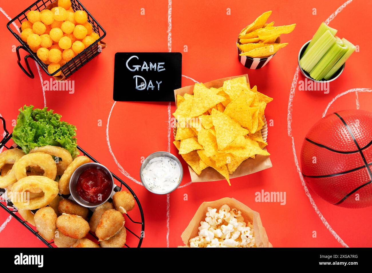 Game day. Basketball arena with snacks. Sports fans table with chips ...